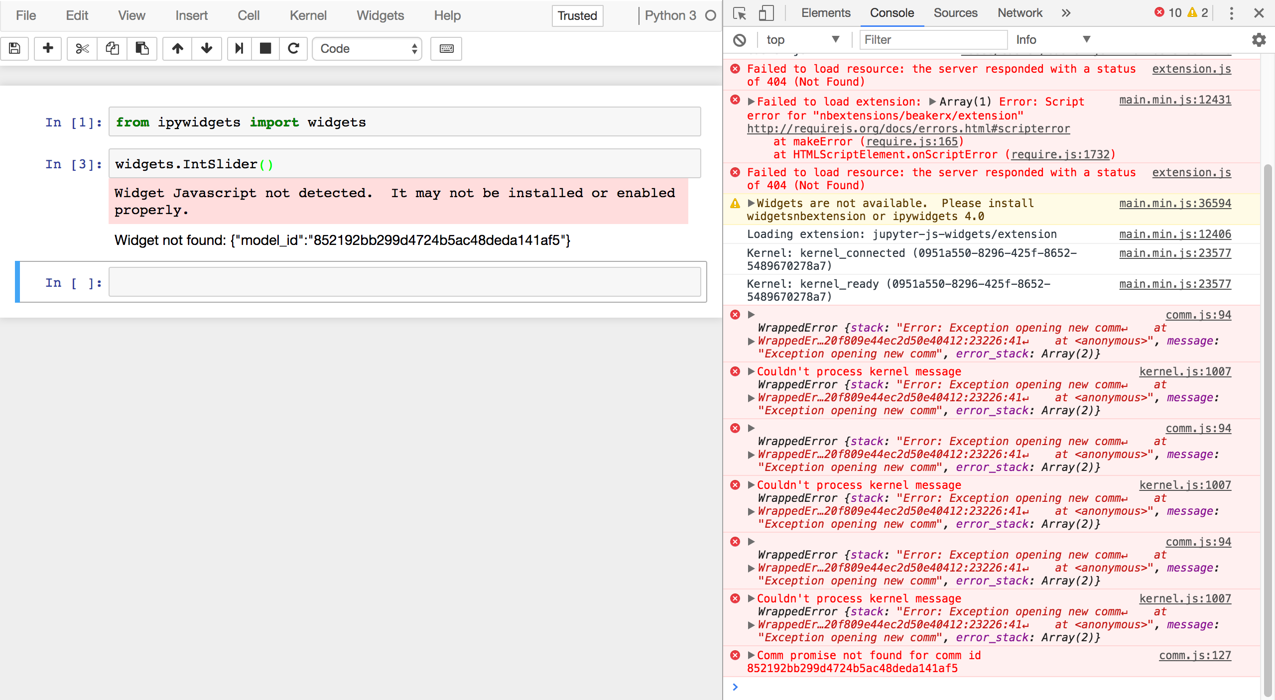 `Error: Exception opening new comm` and `comm promise not found for comm id ...